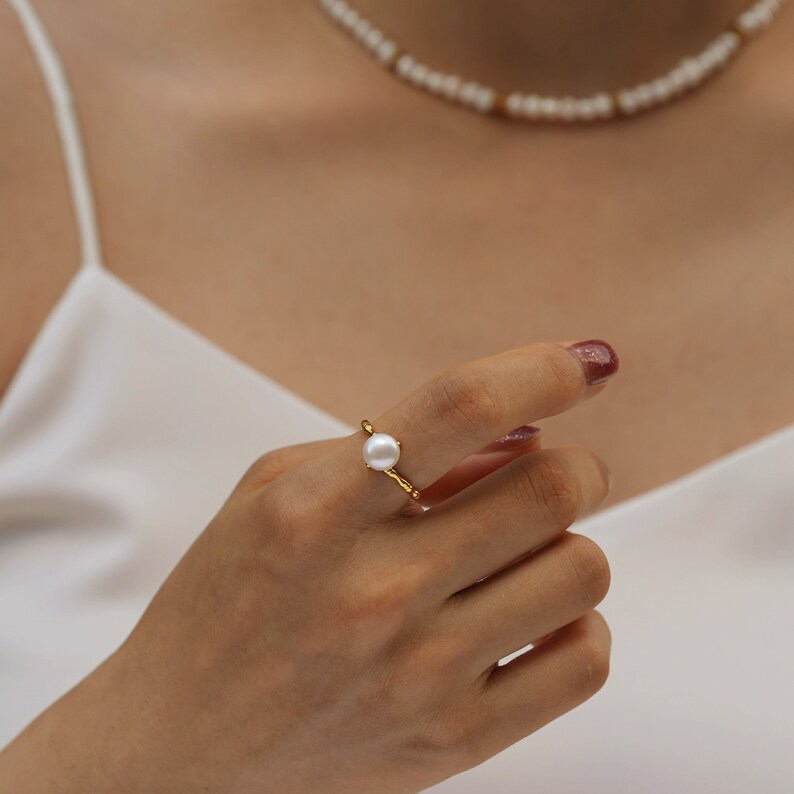 Classic Single Pearl Ring Freshwater Pearl 18K Gold Plated Adjustable ...