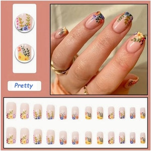 Colorful Flower Tipped Press on Nails, Pretty! - Etsy