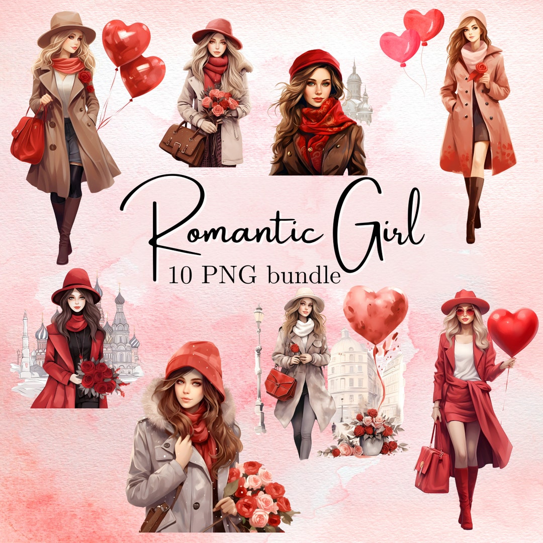 Valentine's Day Clipart, Romantic Girl With Roses PNG Bundle ...