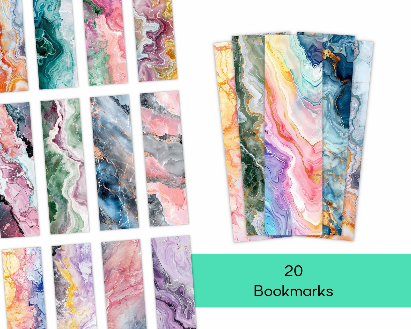 Set of 20 Printable Bookmarks Marble Pattern, Gift for Readers, Digital ...