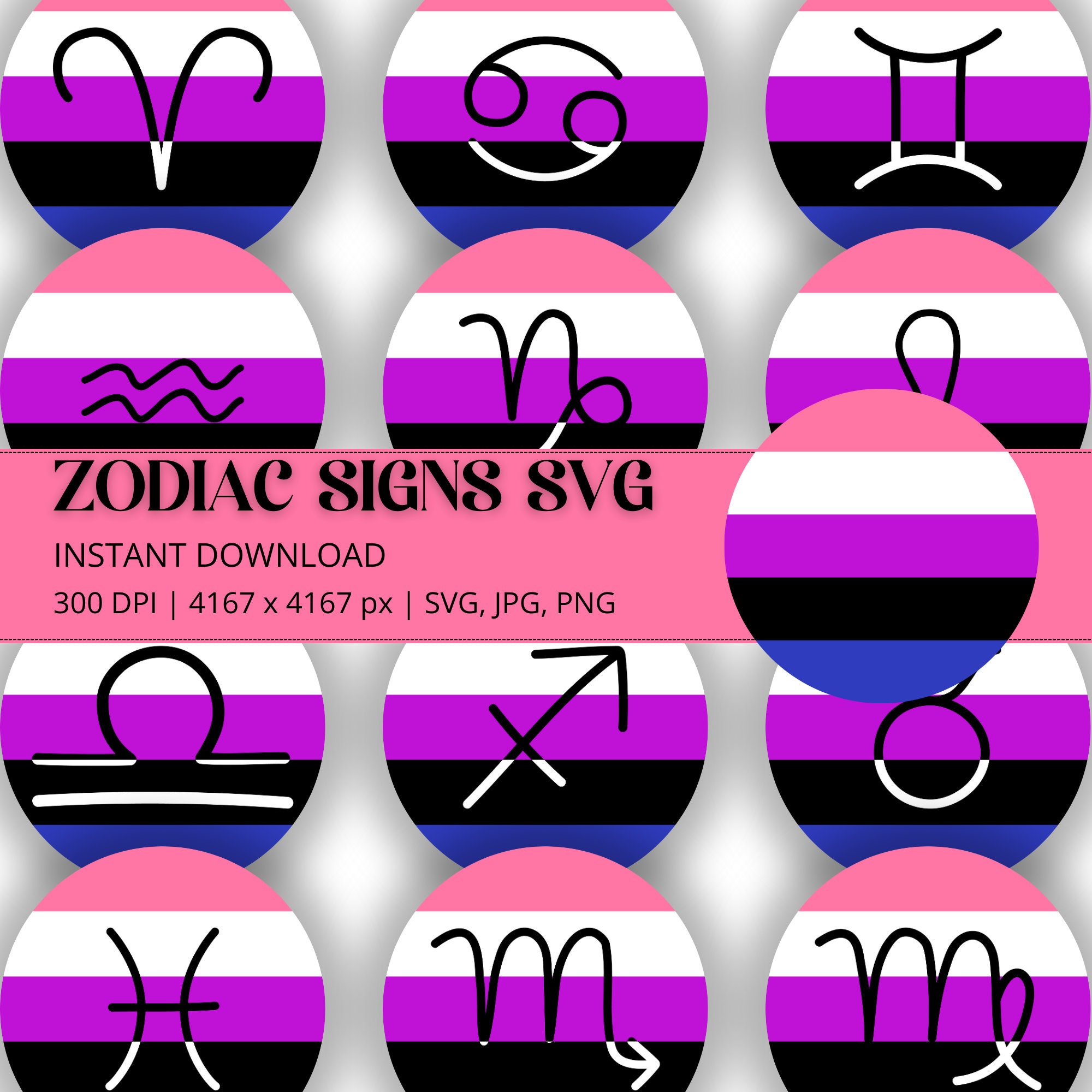 Genderfluid Pride Flag Zodiac Sign Round SVG Symbols, 300ppi, for DIY ...