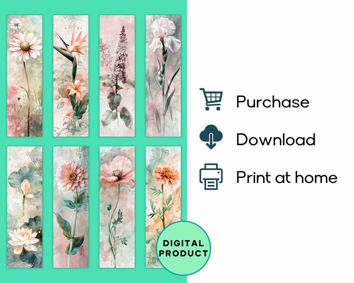 Set of 10 Printable Bookmarks Flowers, Gift for Readers, Digital ...