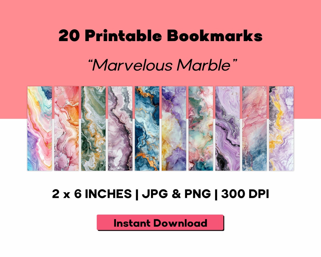Set of 20 Printable Bookmarks Marble Pattern, Gift for Readers, Digital ...