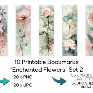 Set of 10 Printable Bookmarks Flowers, Gift for Readers, Digital ...