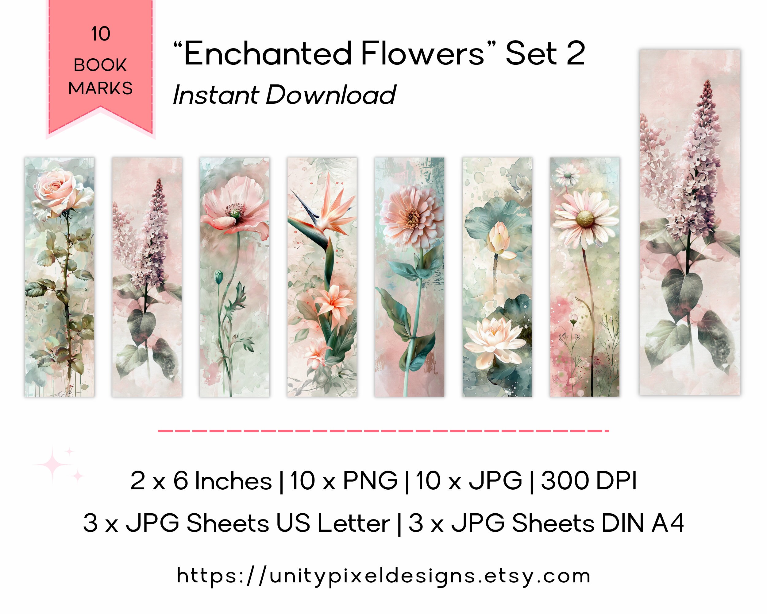 Set of 10 Printable Bookmarks Flowers, Gift for Readers, Digital ...