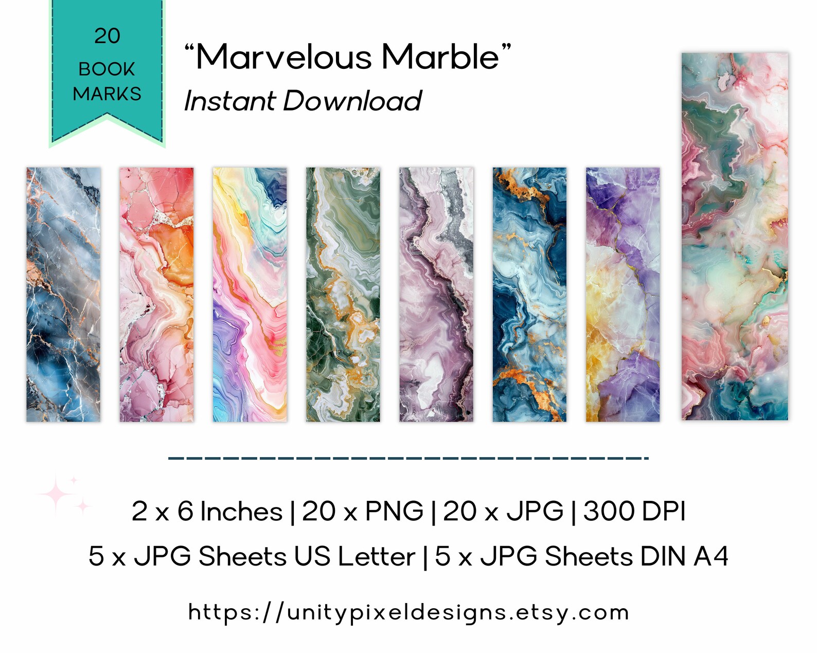 Set of 20 Printable Bookmarks Marble Pattern, Gift for Readers, Digital ...
