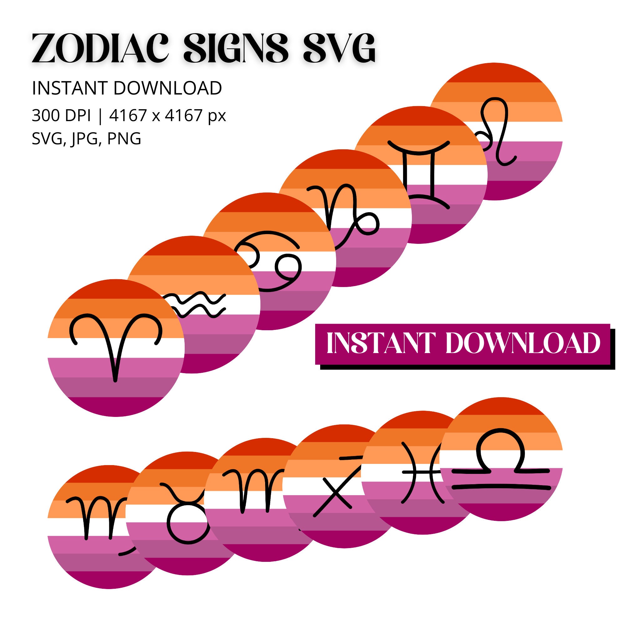 Lesbian Pride Flag Zodiac Sign Round SVG Symbols, 300ppi, for DIY ...