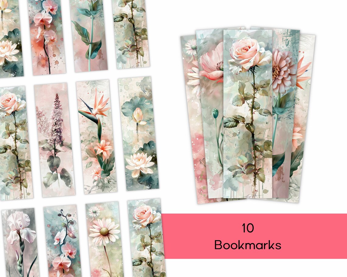 Set of 10 Printable Bookmarks Flowers, Gift for Readers, Digital ...
