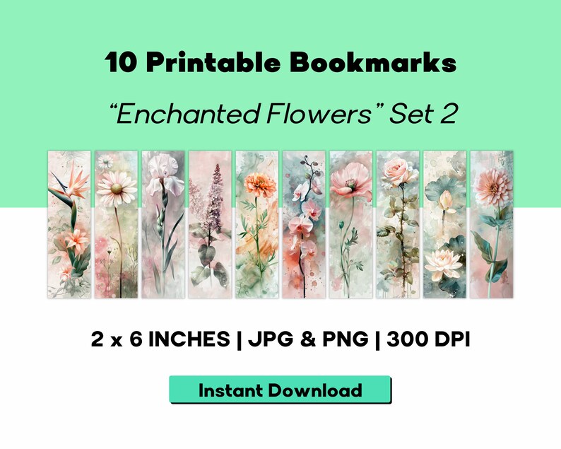 Set of 10 Printable Bookmarks Flowers, Gift for Readers, Digital ...
