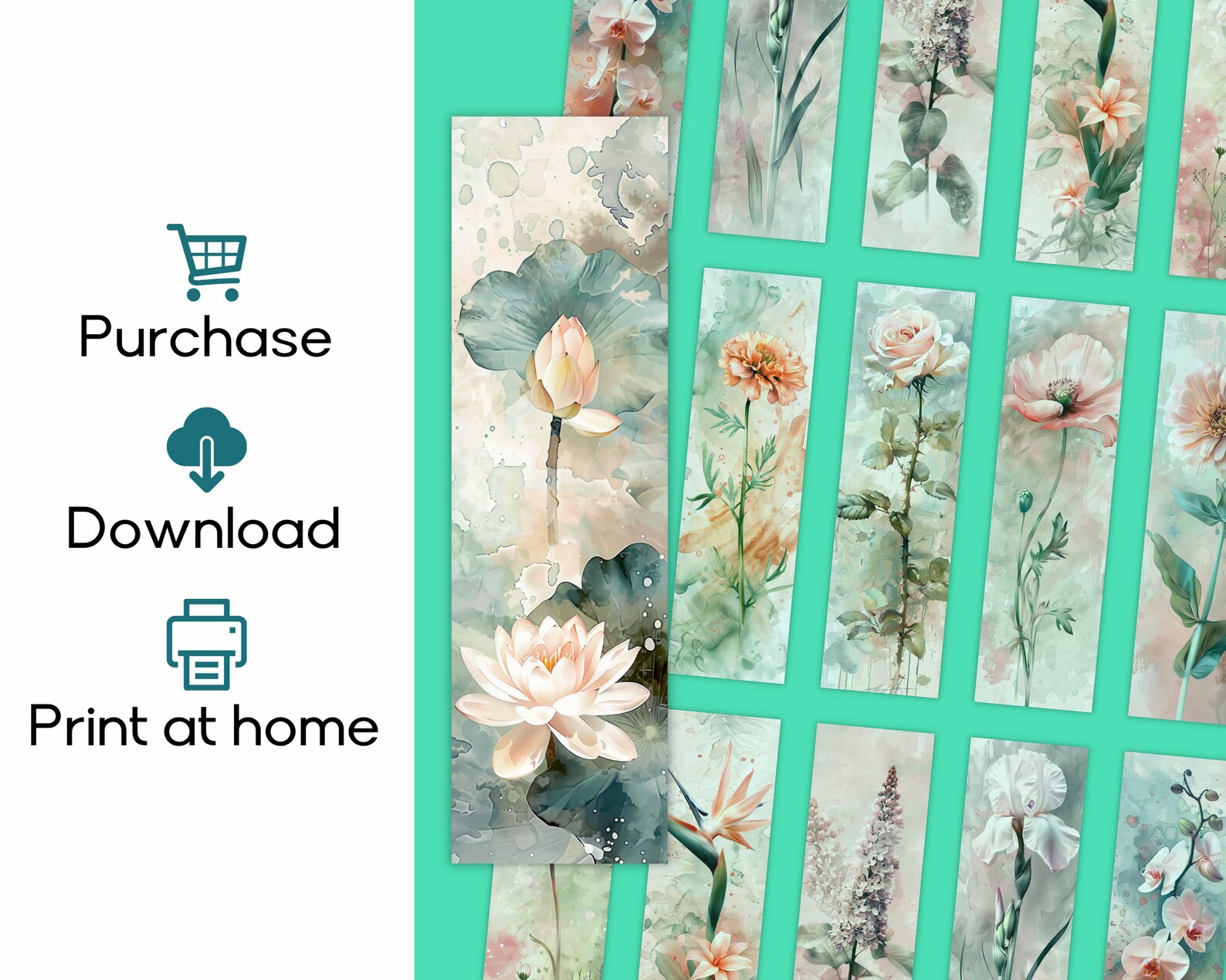 Set of 10 Printable Bookmarks Flowers, Gift for Readers, Digital ...