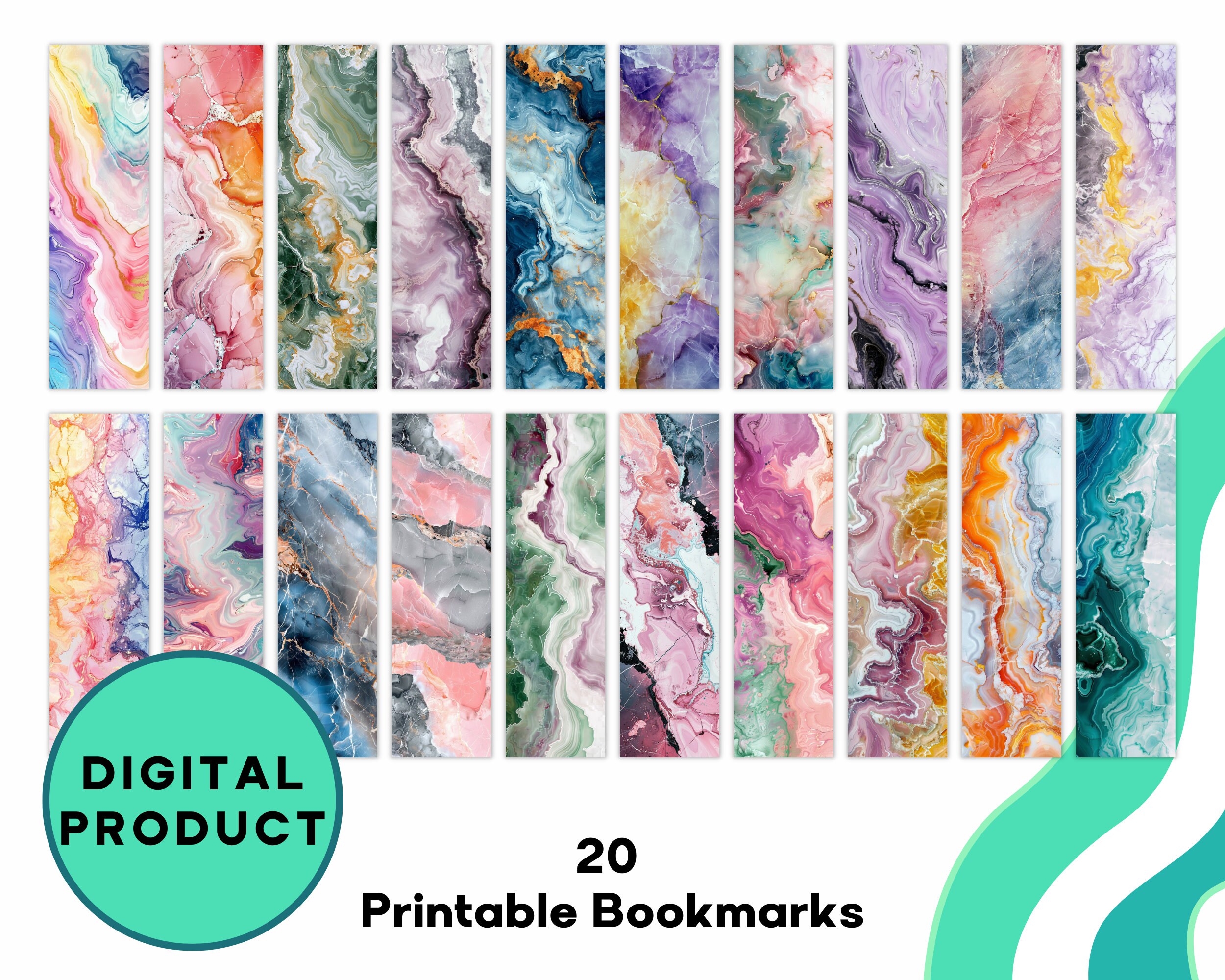 Set of 20 Printable Bookmarks Marble Pattern, Gift for Readers, Digital ...