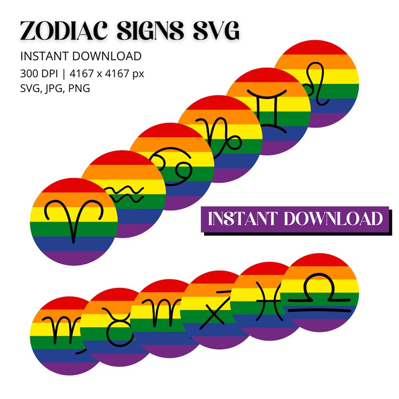 LGBTQIA Pride Flag Zodiac Sign Round Svg Symbols, 300ppi, for DIY ...
