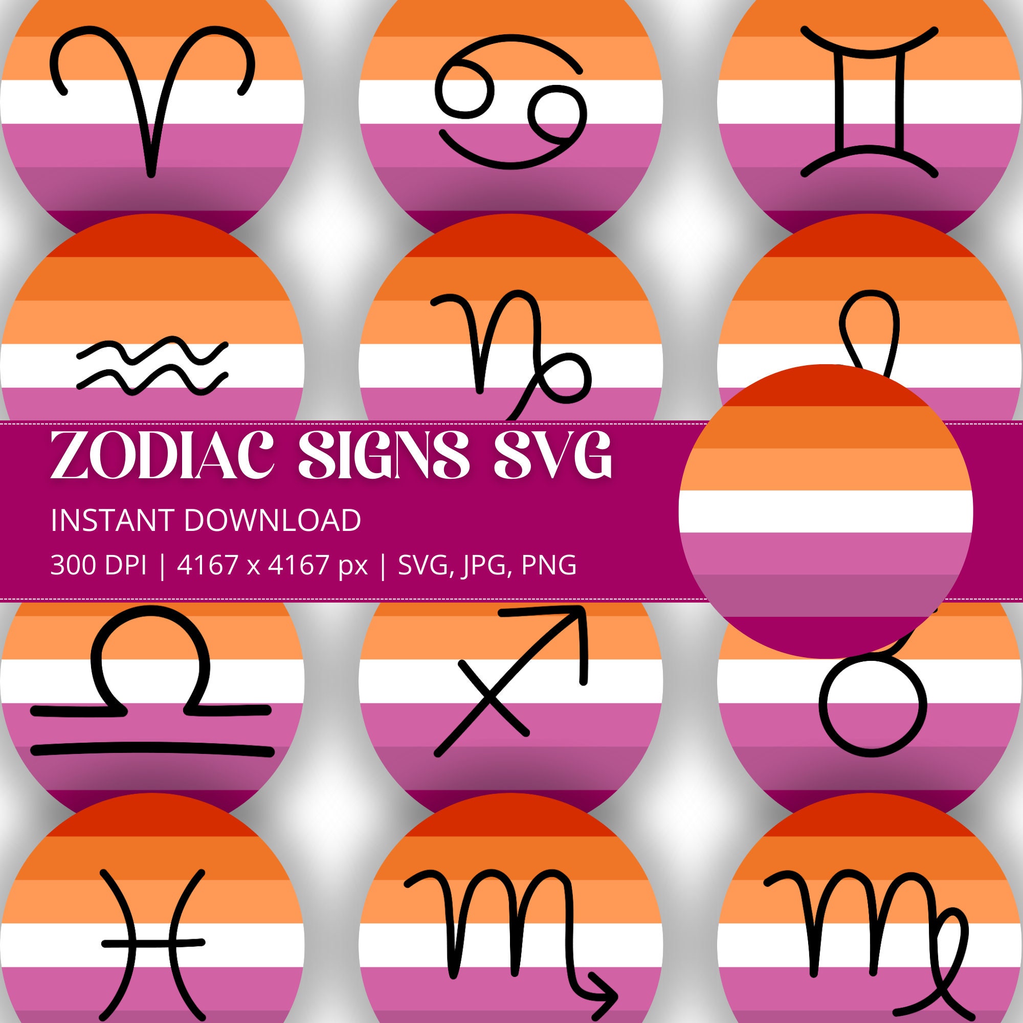 Lesbian Pride Flag Zodiac Sign Round SVG Symbols, 300ppi, for DIY ...