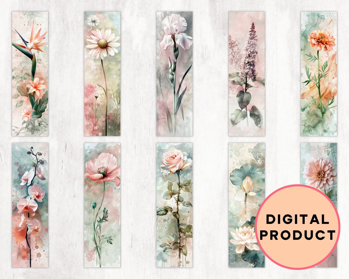 Set of 10 Printable Bookmarks Flowers, Gift for Readers, Digital ...