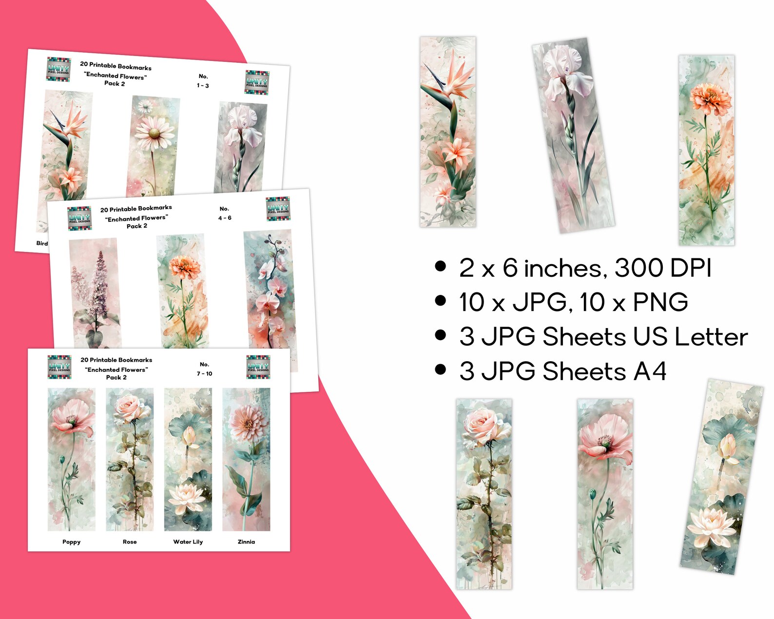 Set of 10 Printable Bookmarks Flowers, Gift for Readers, Digital ...