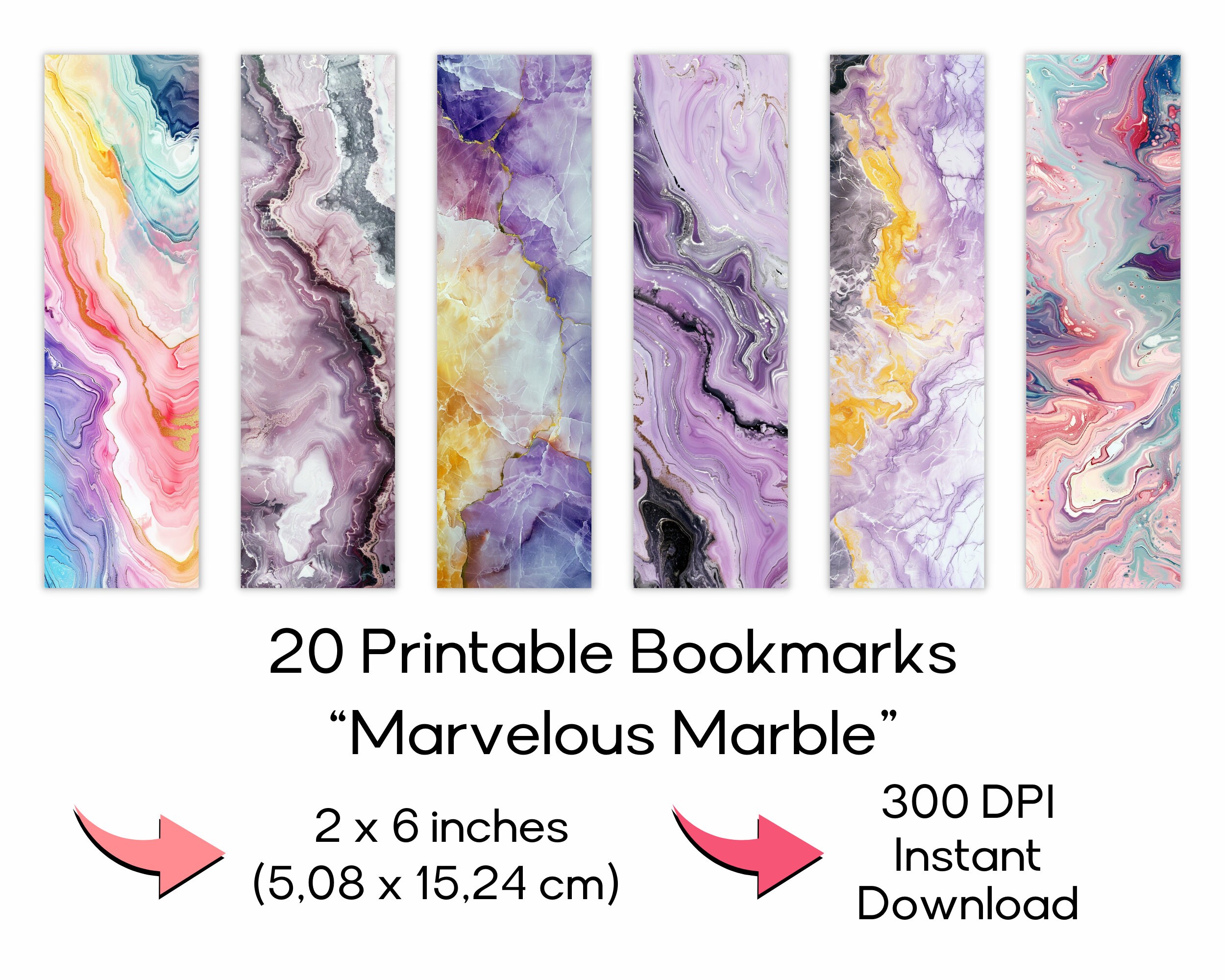 Set of 20 Printable Bookmarks Marble Pattern, Gift for Readers, Digital ...