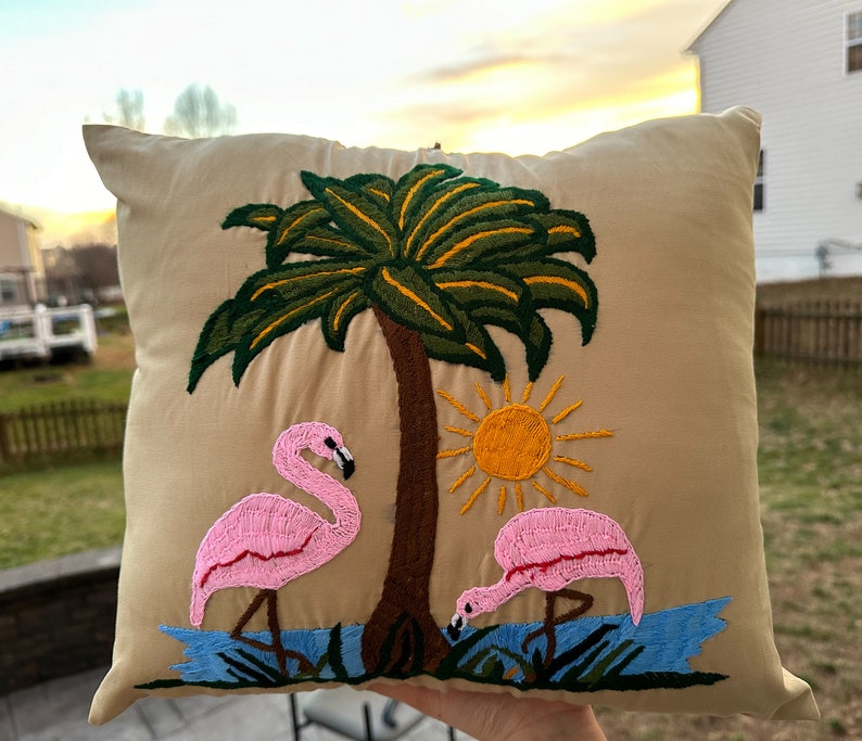 Pink Flamingo With Palm Tree Hand Embroidered Pillow Cover, Decorative ...