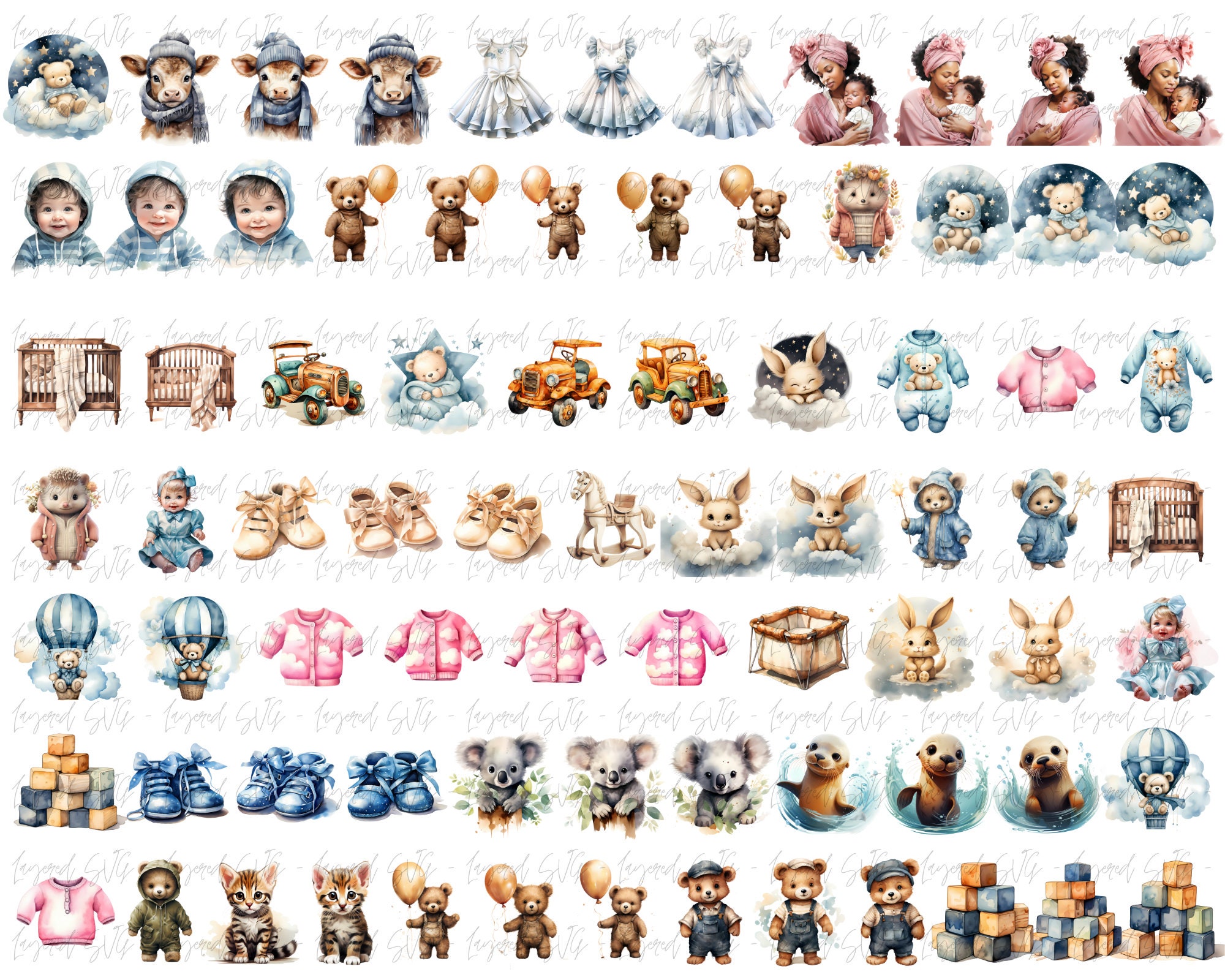 Baby Shower Watercolor Clipart Bundle PNG Newborn Images, Cute Children ...