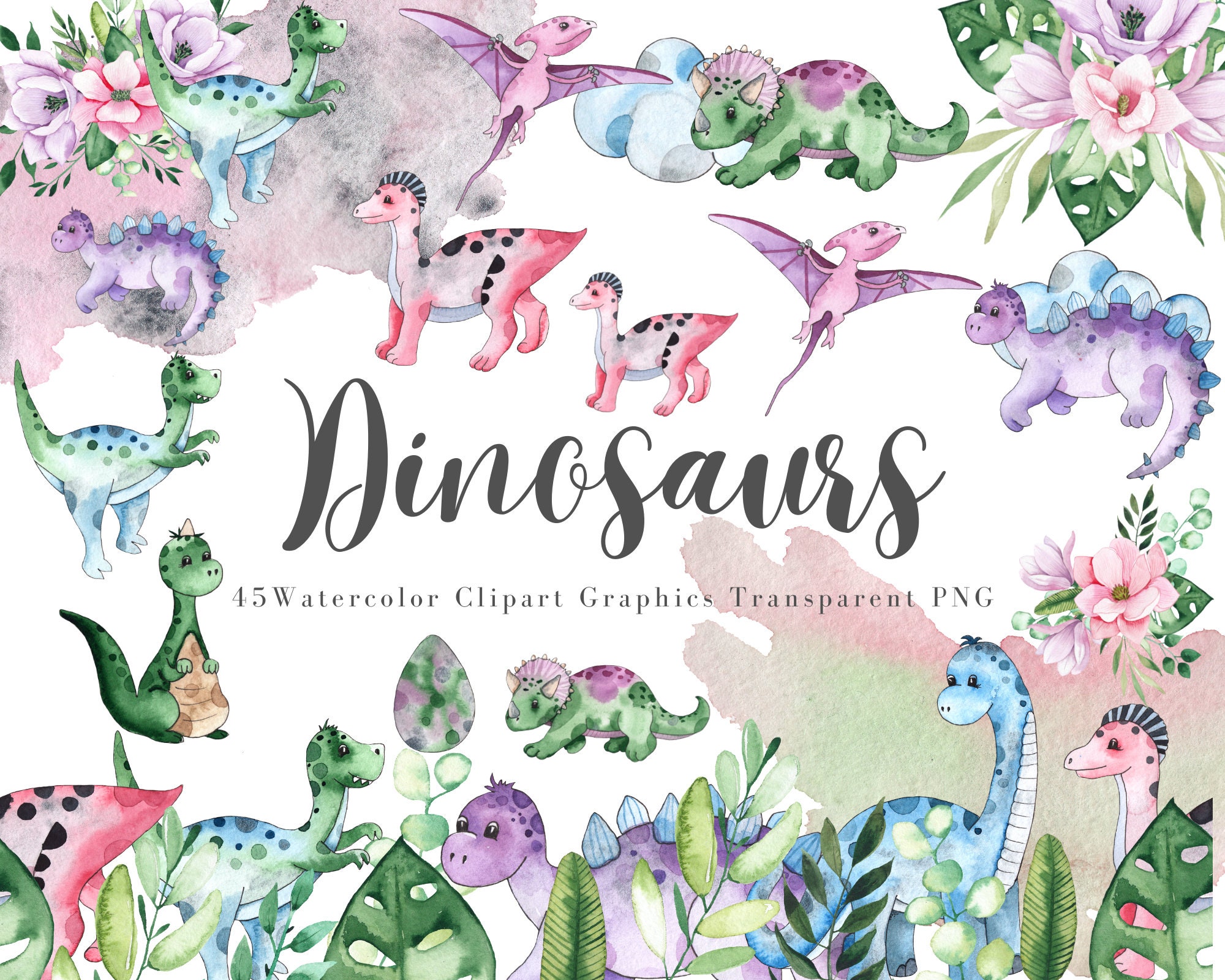 Watercolor Dinosaur Clipart, Dinosaur Clipart, Nursery Clipart, PNG ...
