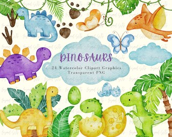 8 Baby Dinosaurs Clipart Images Watercolor PNG JPG Instant Download ...