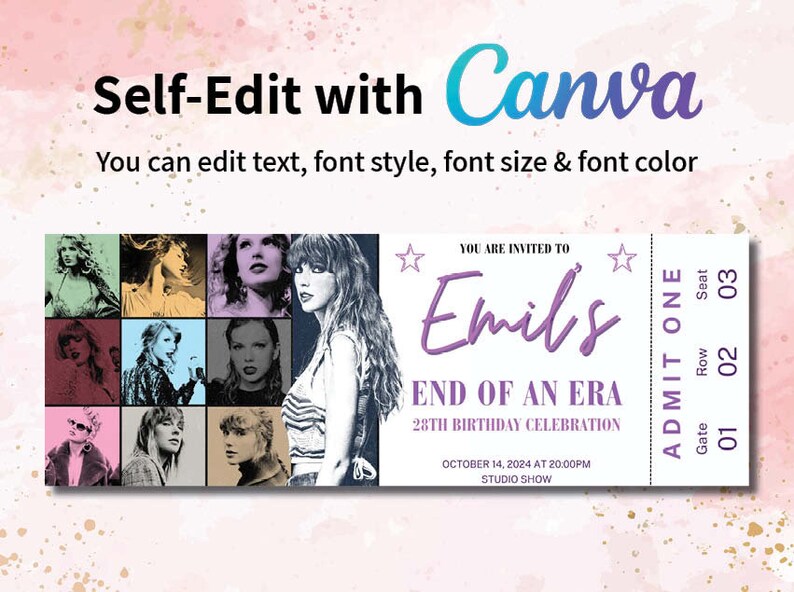 DIY Editable Eras Tour Ticket Invitation Editable on Canva Taylor's ...