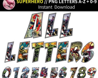 Superhero Alphabet PNG ALL Letters A-z and Numbers Font - Etsy
