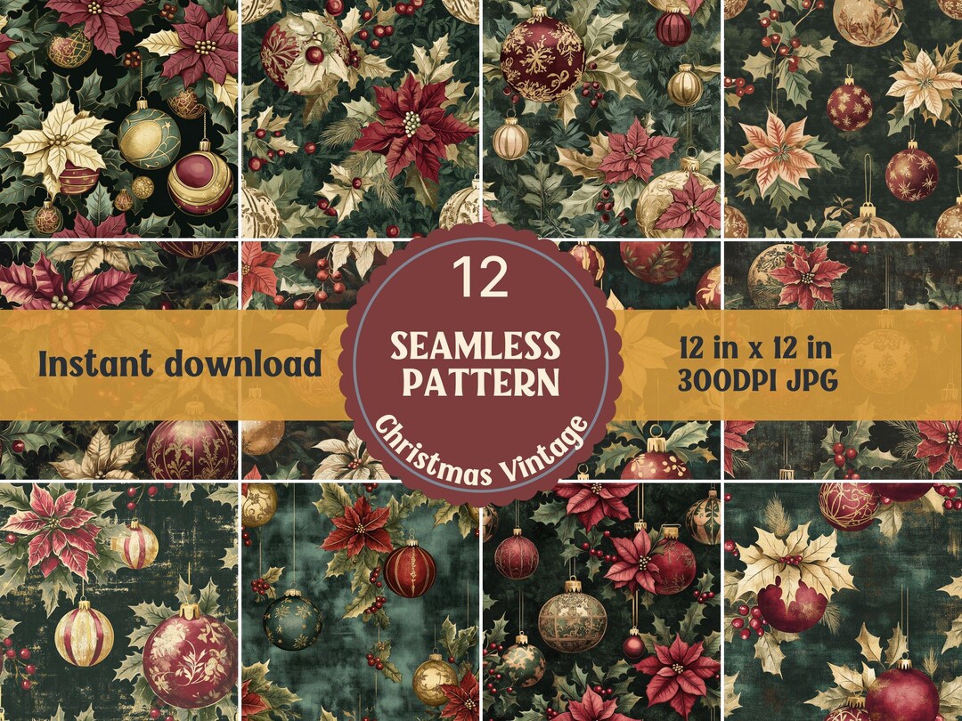 Seamless Vintage Christmas Patterns Poinsettia, Holly & Ornaments ...