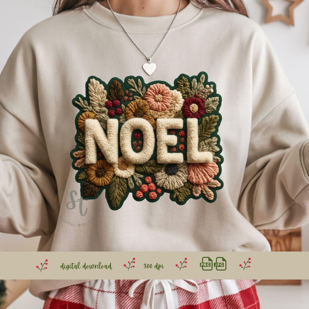 Floral NOEL Embroidered Patch PNG, Christmas Holiday Graphic (digital ...