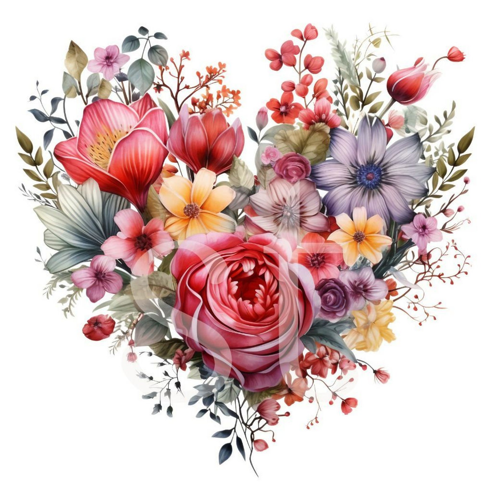 Delicate Watercolor Flowers Heart Clipart - Ideal for Scrapbooking ...