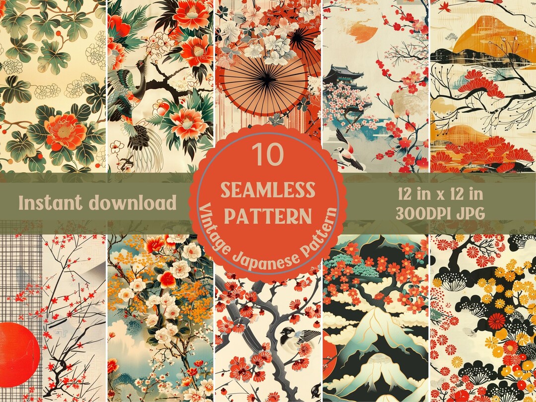 Vintage Japanese Floral Pattern: 10 Seamless Designs (digital Download ...