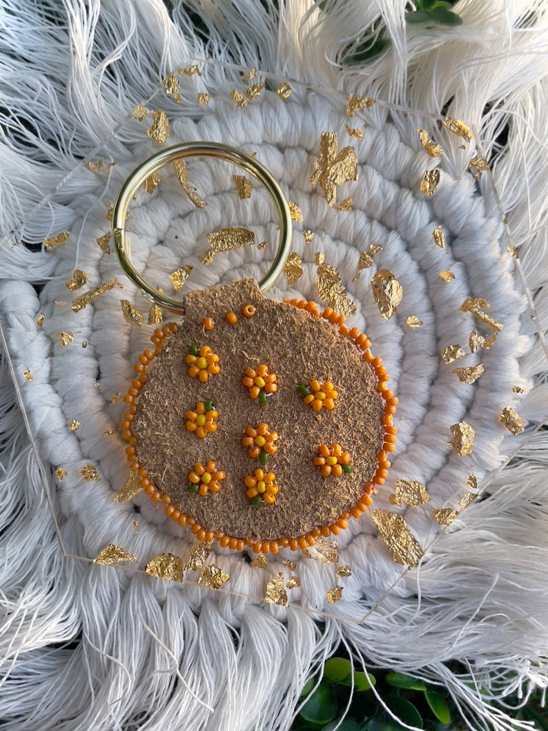Beaded Keychain, Indigenous Made Keychain, Orange Keychain, Leather ...