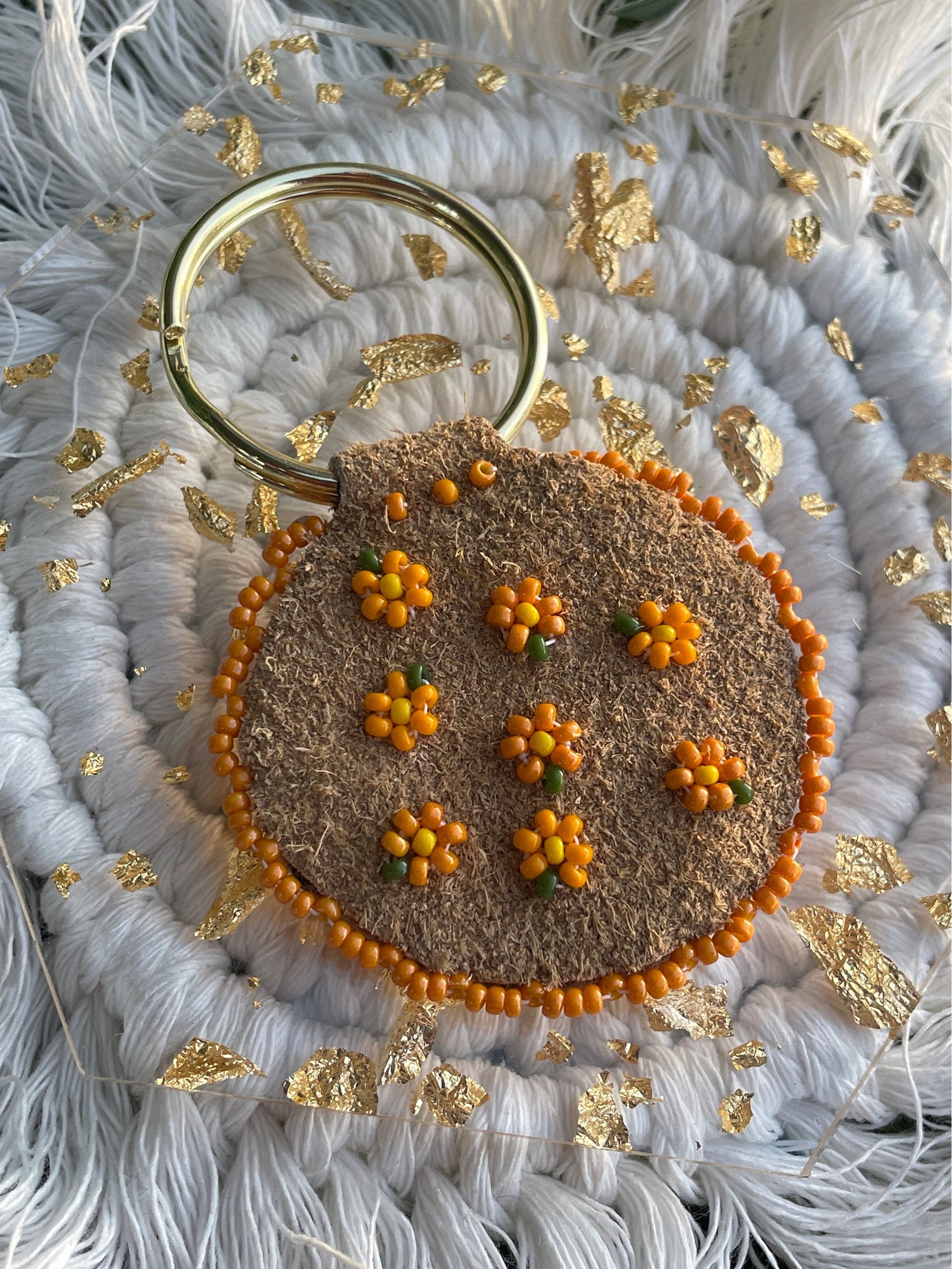 Beaded Keychain, Indigenous Made Keychain, Orange Keychain, Leather ...