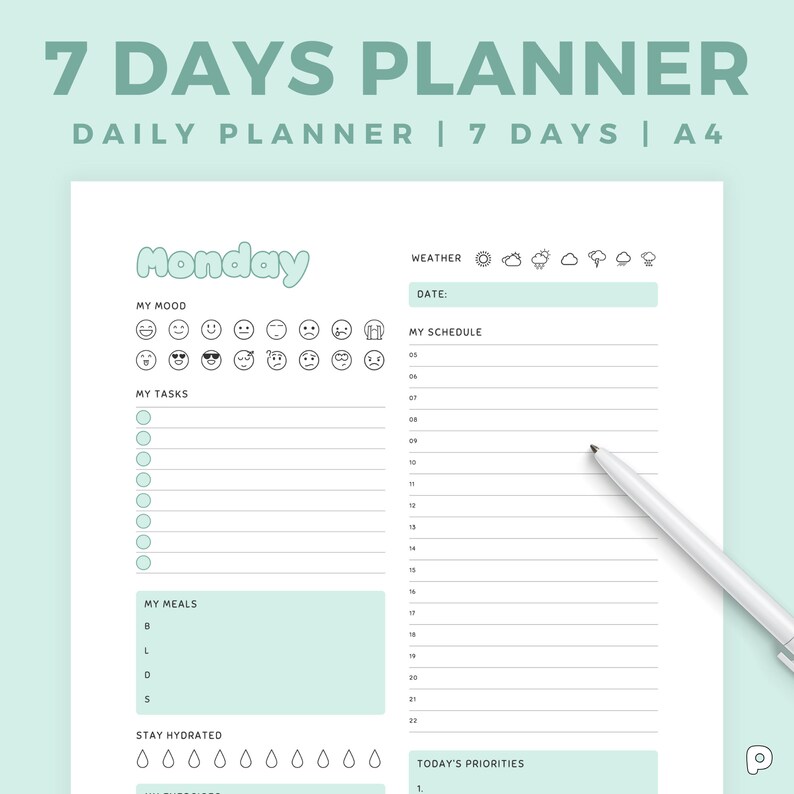 Daily Planner 7 Days Planner Printable Weekly Planner Daily to Do List ...