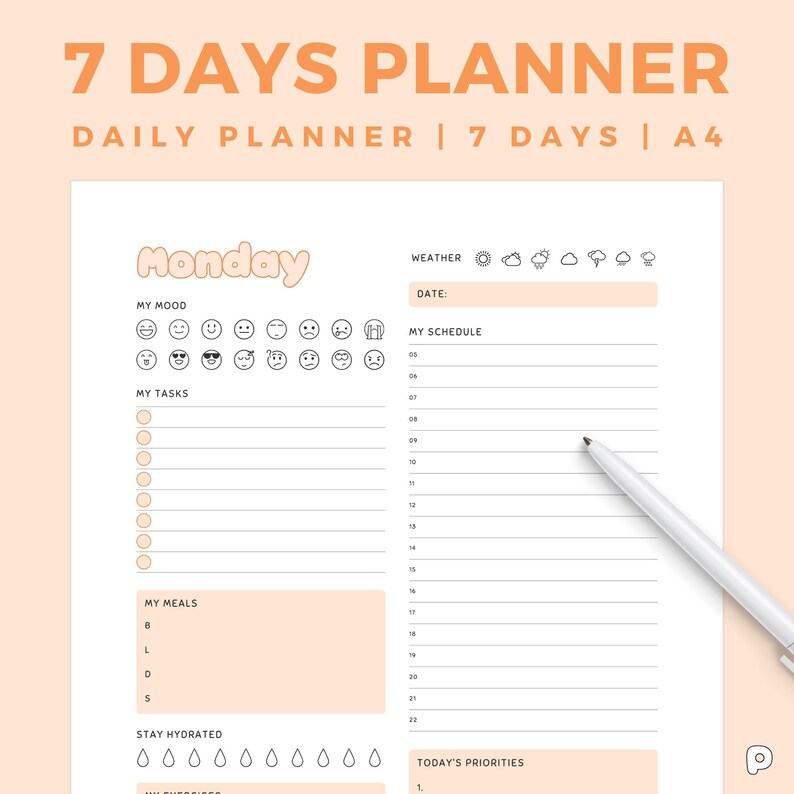 Daily Planner | 7 Days Planner Printable | Weekly Planner | Daily to Do ...