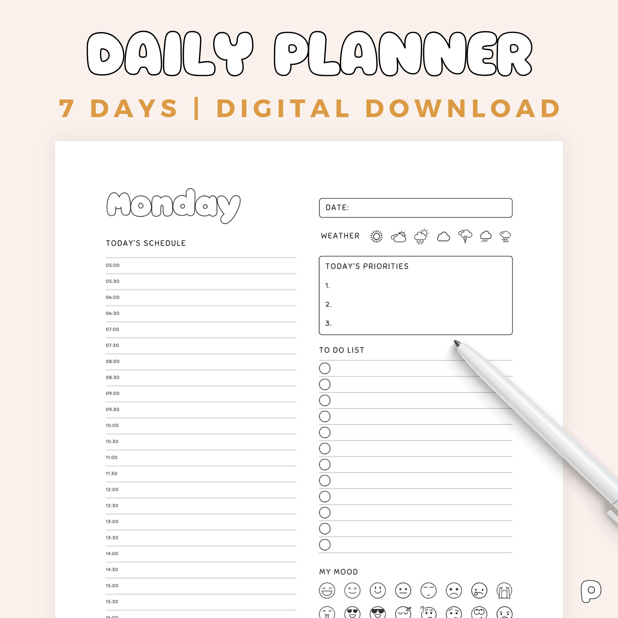 Daily Planner Printable 7 Day Planner Kawaii-style Weekly Planner Half ...