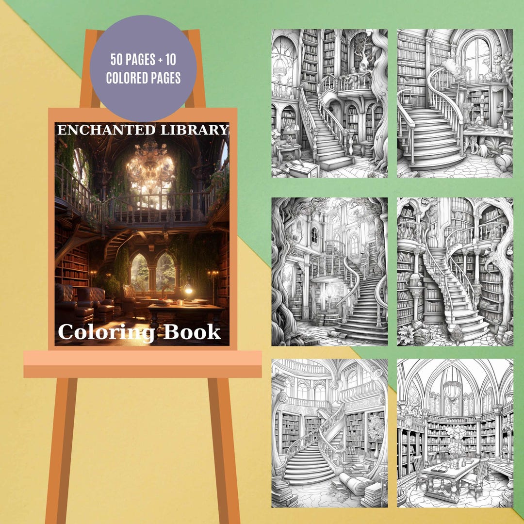 50 Enchanted Library Coloring Book, Printable Magic Library Coloring ...