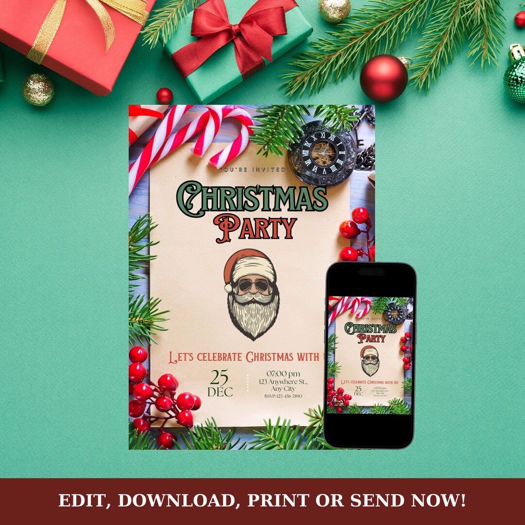 Christmas Party Invitation Santa Claus Xmas Holiday Party - Etsy