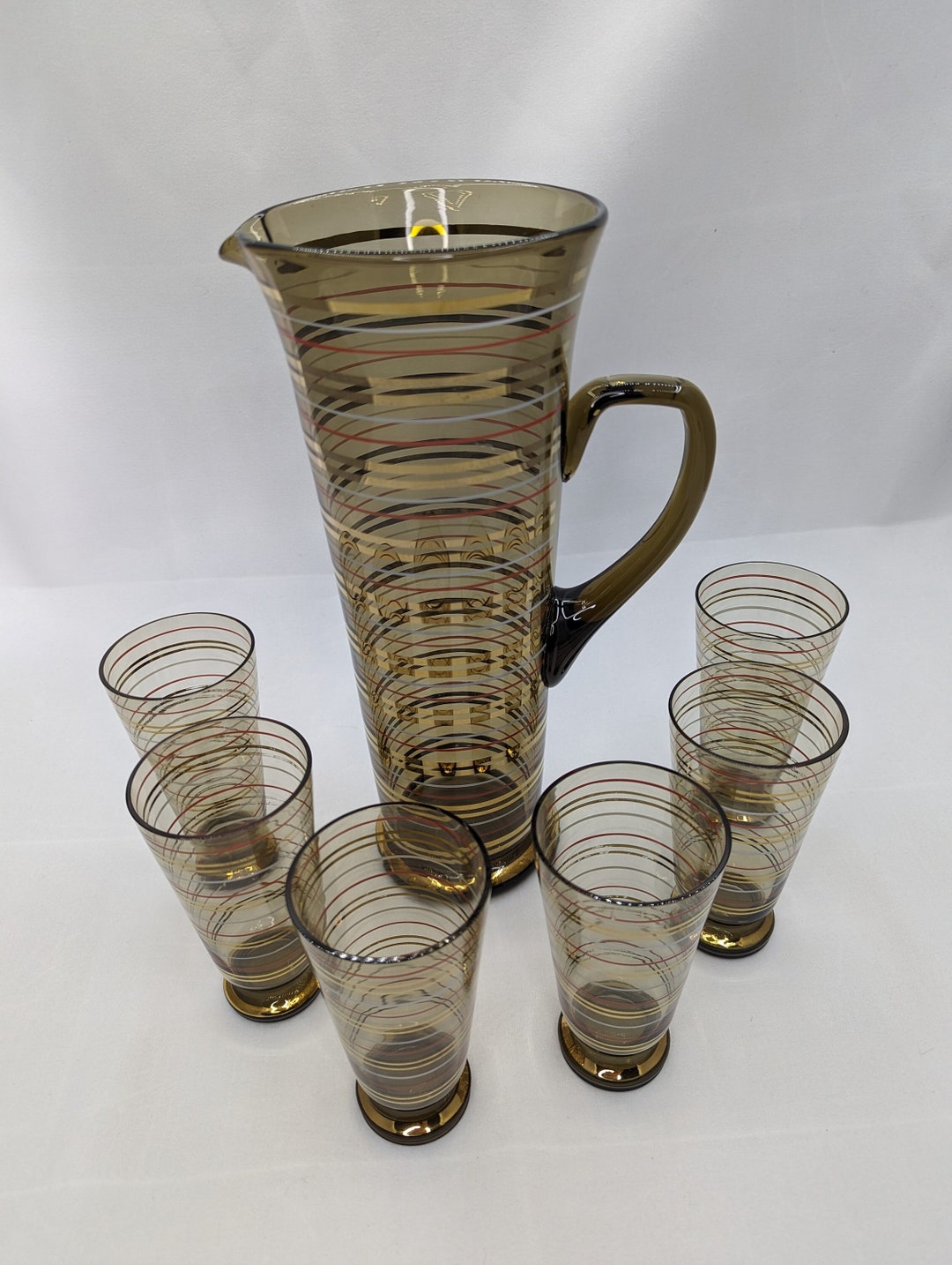 Mid-century Modern Glassware Bar Set, Large Pitcher With 6 Glasses - Etsy
