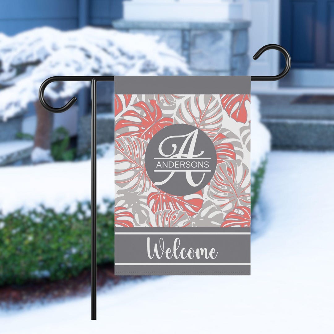 Coastal Monogram Welcome Flag, Custom Name Coastal Garden Flags, Grey ...