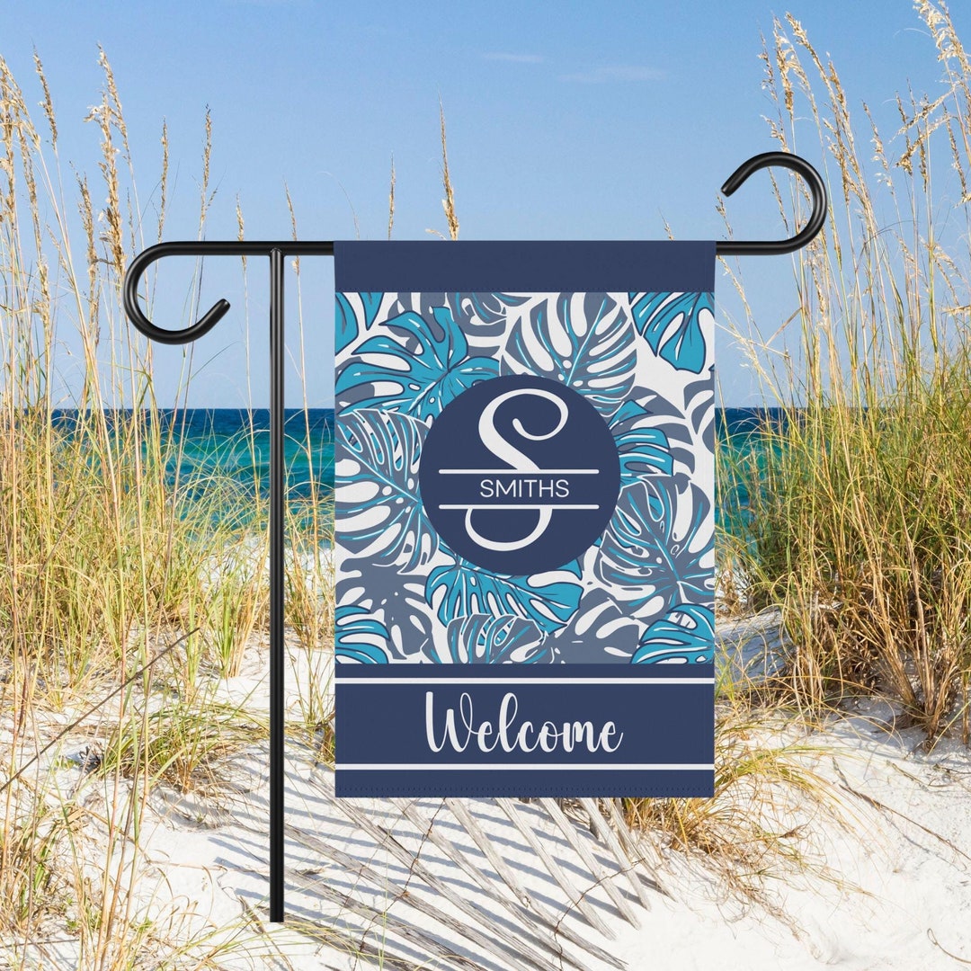 Coastal Monogram Welcome Flag, Custom Name Coastal Garden Flags ...