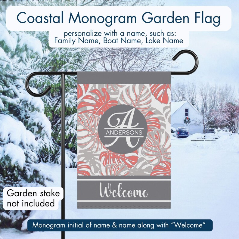 Coastal Monogram Welcome Flag, Custom Name Coastal Garden Flags, Grey ...
