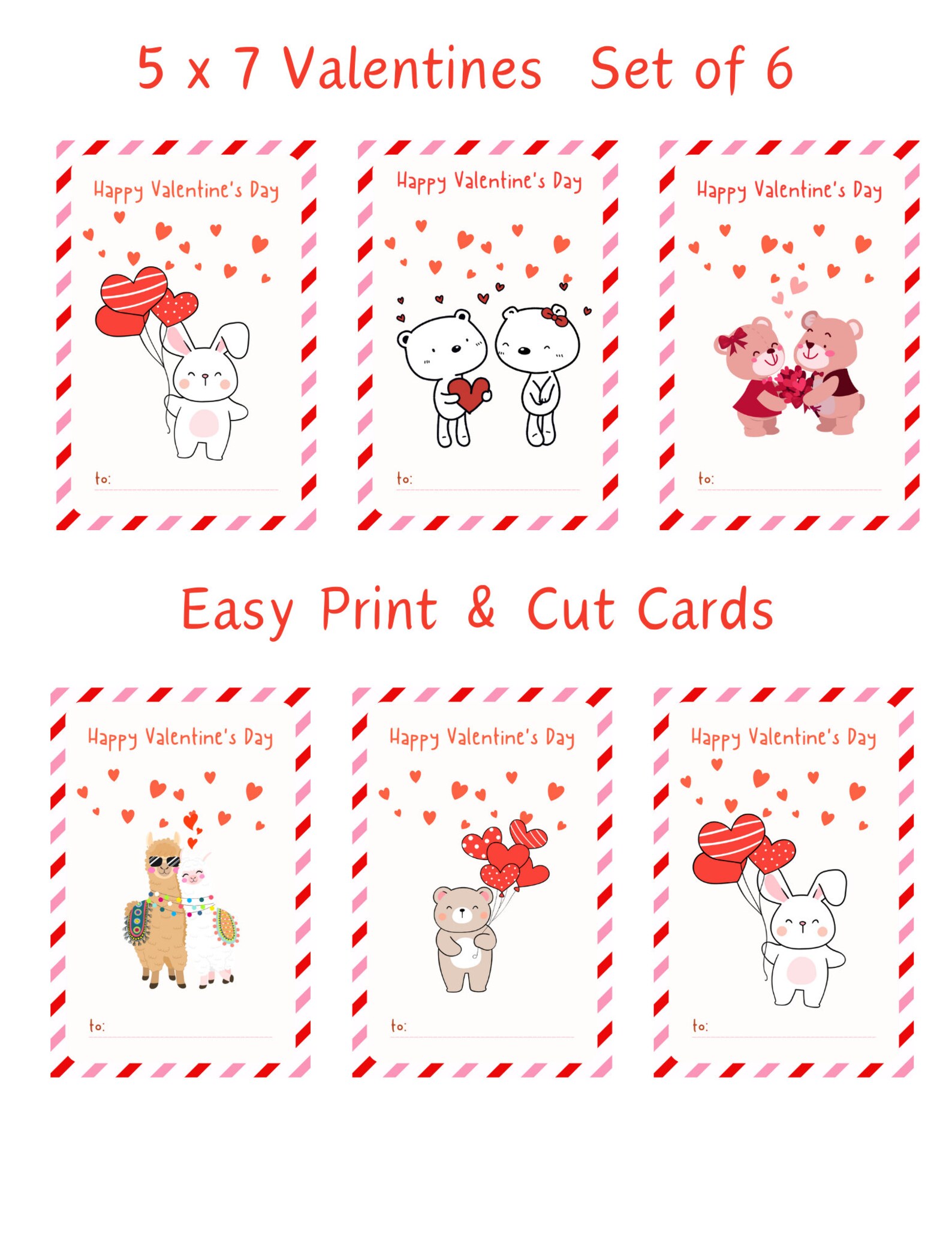 Printable Cute Animals Valentine's Day Cards for Kids, School Valentine ...