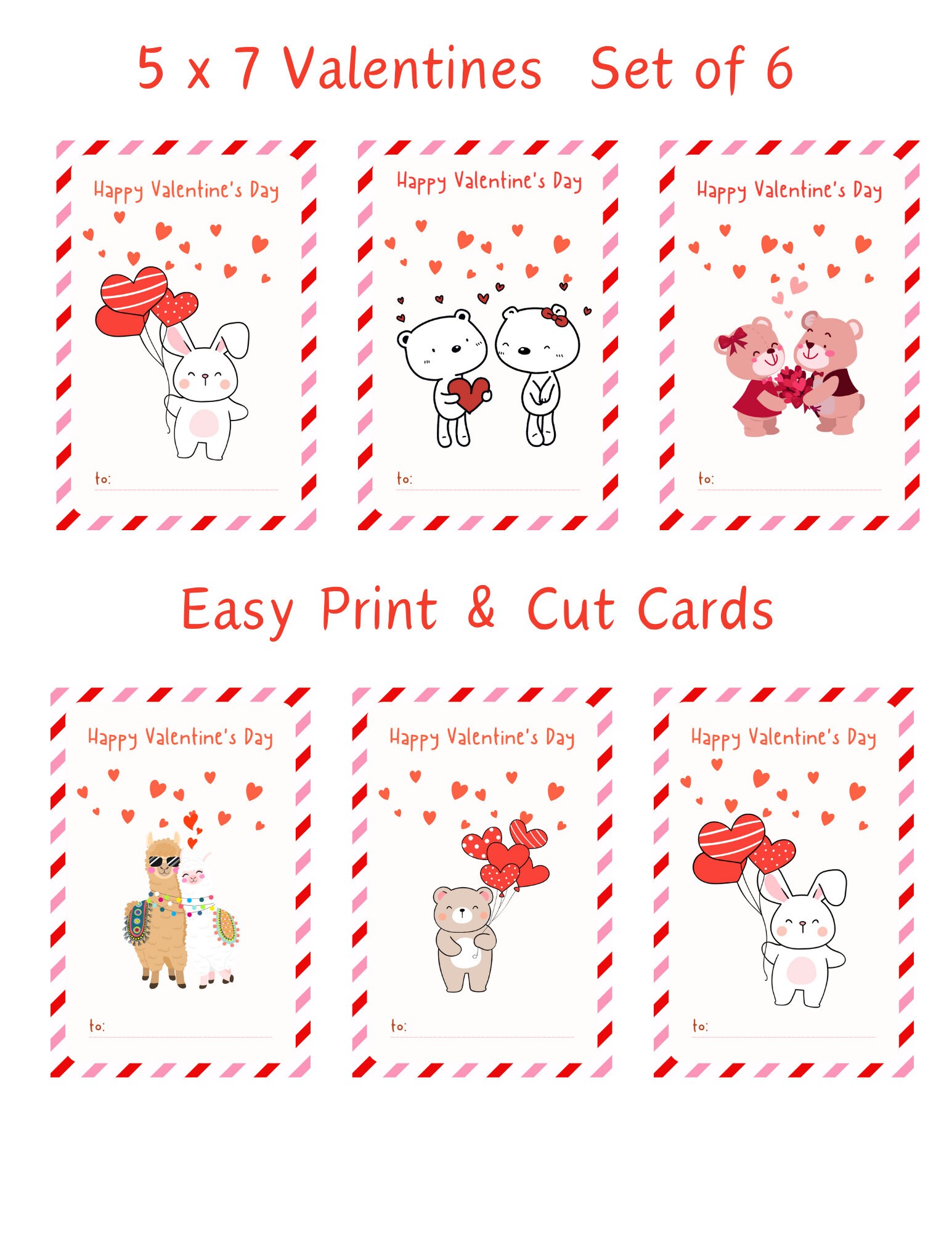 Printable Cute Animals Valentine's Day Cards for Kids, School Valentine ...
