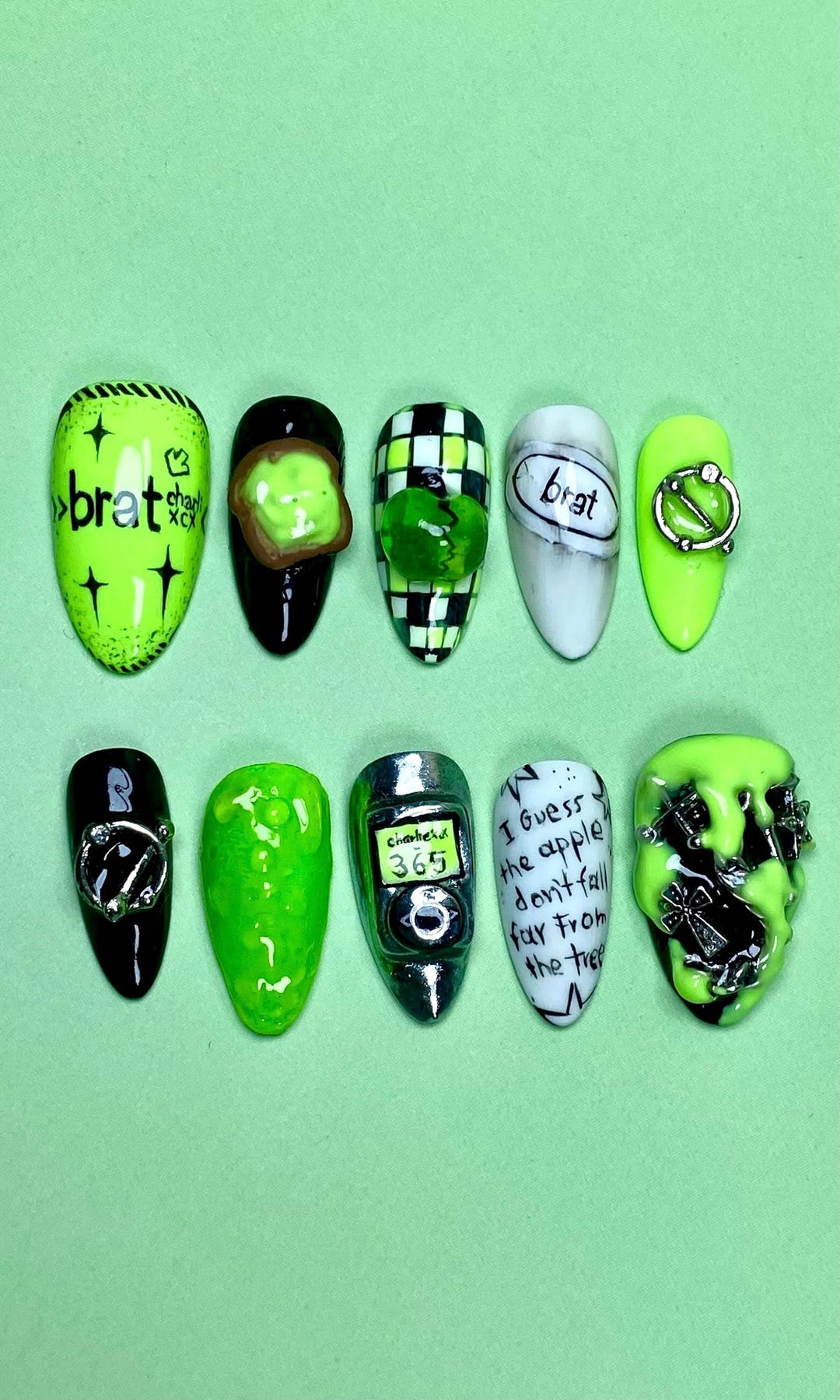 Charli XCX Brat Press-on Nails: Neon Green Y2K Grunge Nail Art - Etsy