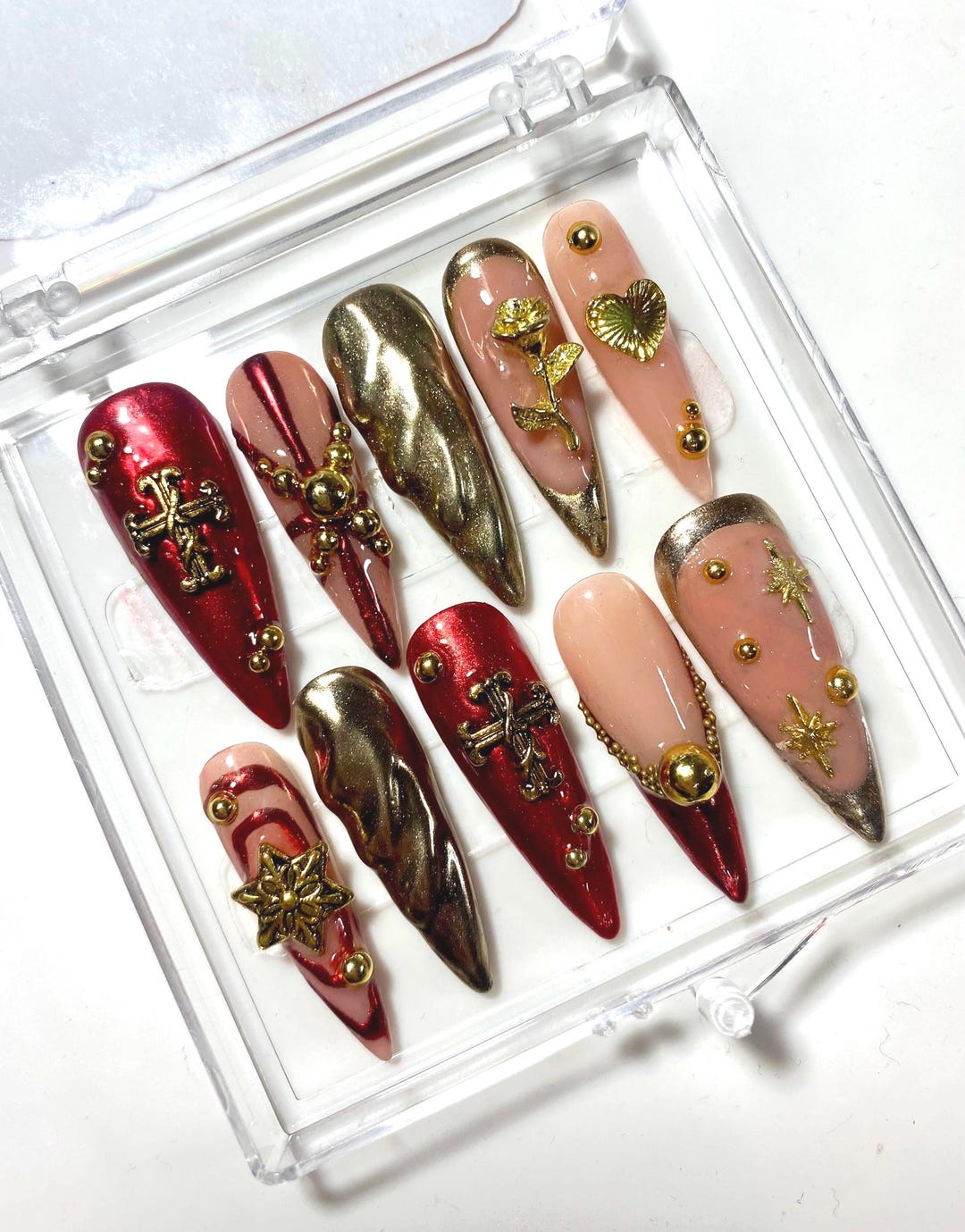 Red French Gold Chrome Nails / Custom Charms Press on Nails - Etsy