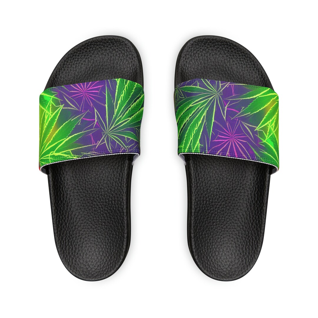 Rainbow Trippy Weed Leaf Men's PU Slide Sandals - Etsy
