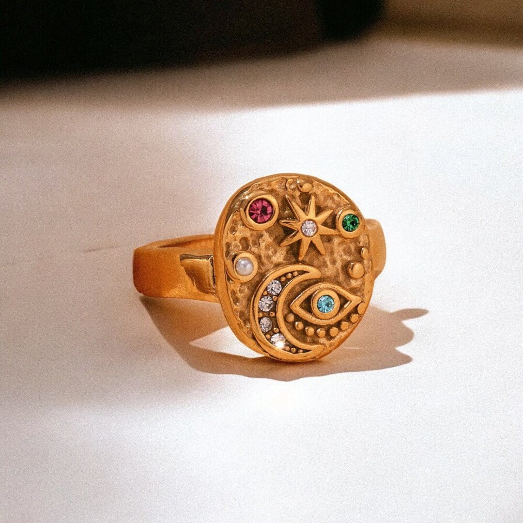 Star Moon Eye Irregular Ring, Chunky Gold Ring, Night Sky Ring ...