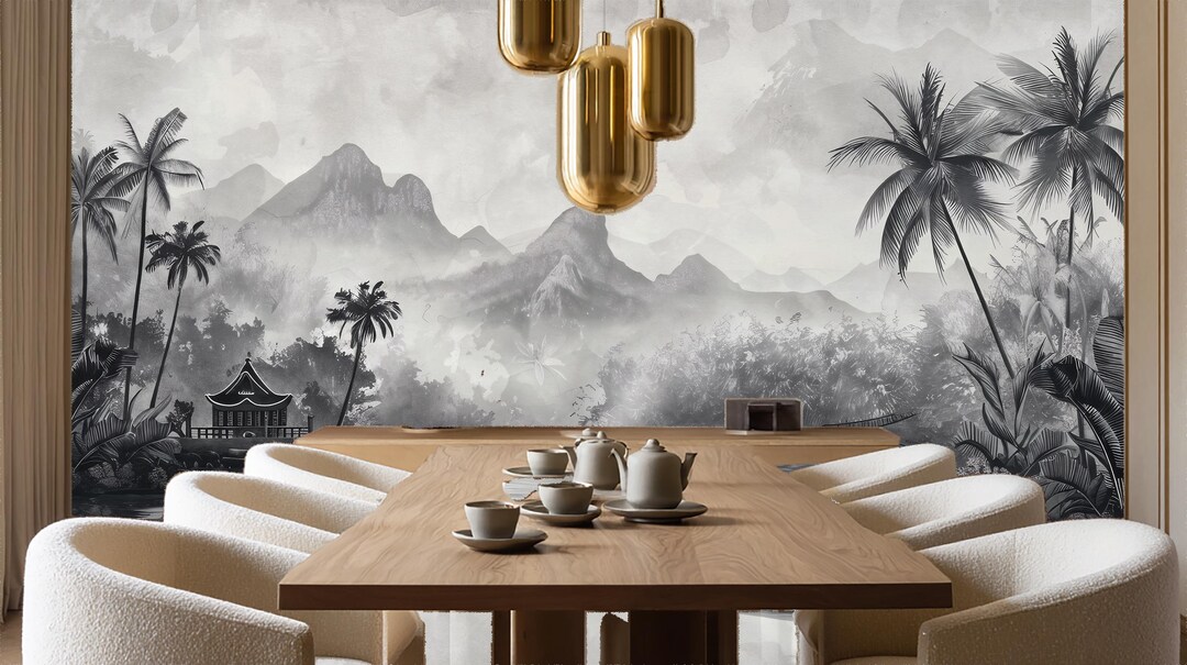 Monochrome Asian Landscape Wall Mural: Grayscale Zen Scene Wallpaper - Etsy