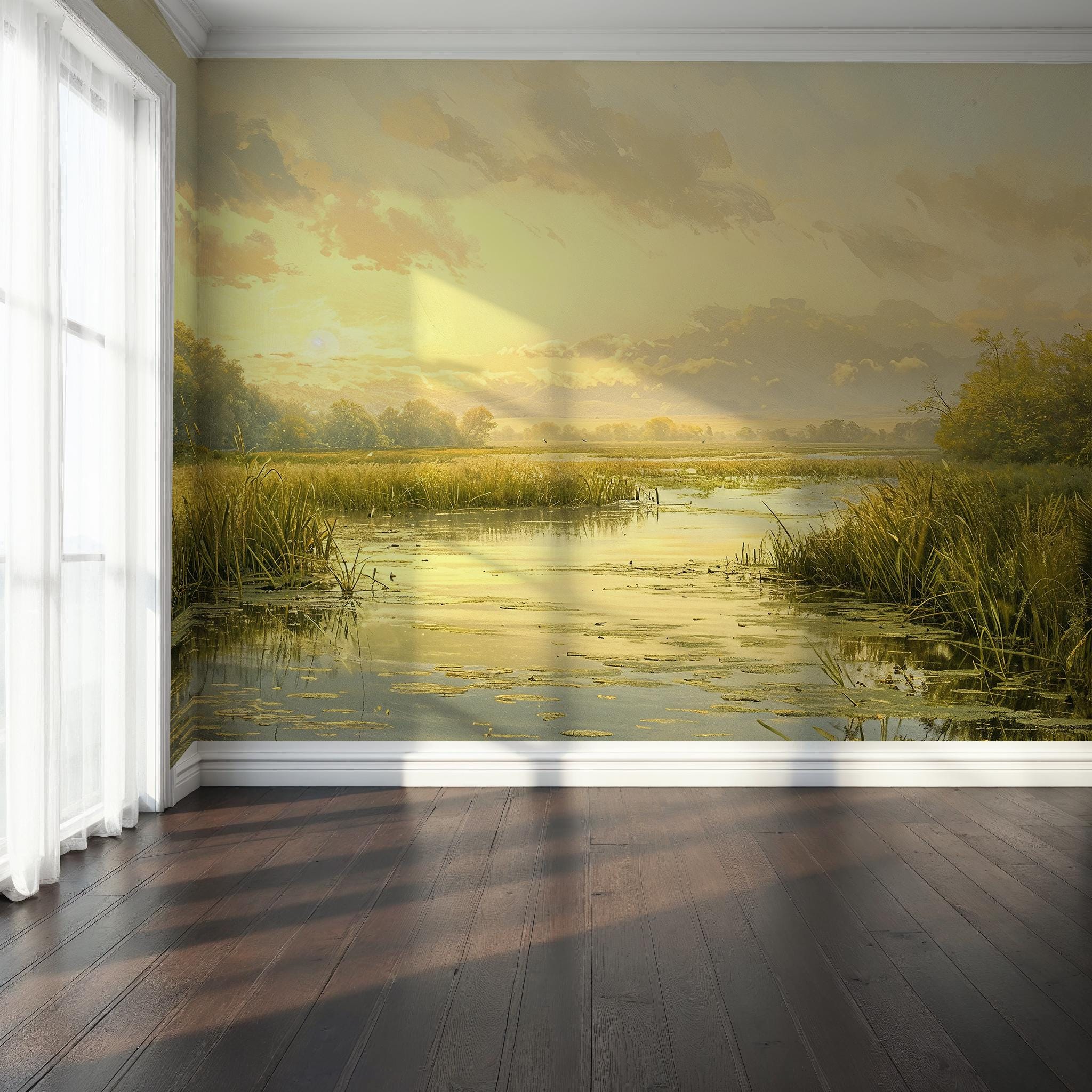 Golden Marsh Sunrise Wallpaper Mural: Tranquil River Landscape, Peel ...
