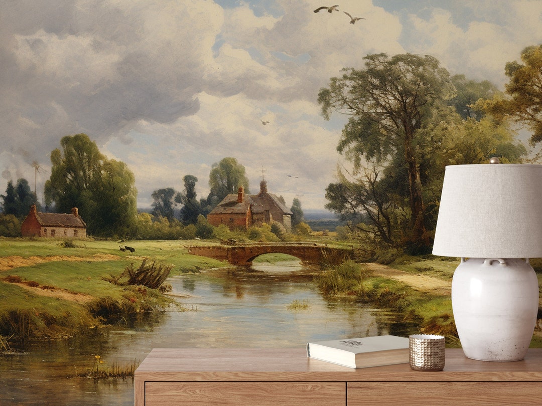 Vintage Scenic Wallpaper , Wall Mural Peel and Stick Landscape, Lake ...